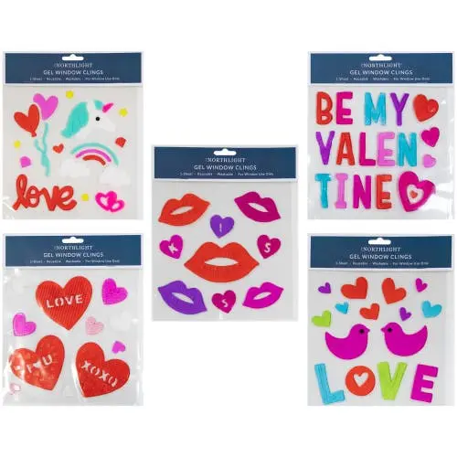 NORTHLIGHT Set Of 5 Double Sided Valentine's Day Gel Window Clings - Red