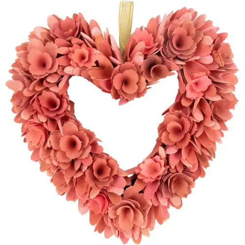 NORTHLIGHT Wooden Floral Heart Valentine's Day Wreath14"salmon - Pink