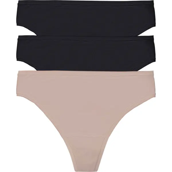 Natori Bliss Bare Cotton Thong 3-pack - Black/black/cafe