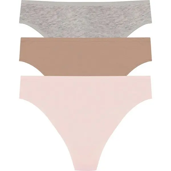 Natori Bliss Bare Cotton Thong 3-pack - Lt Grey Heathr/buff/peach Whip
