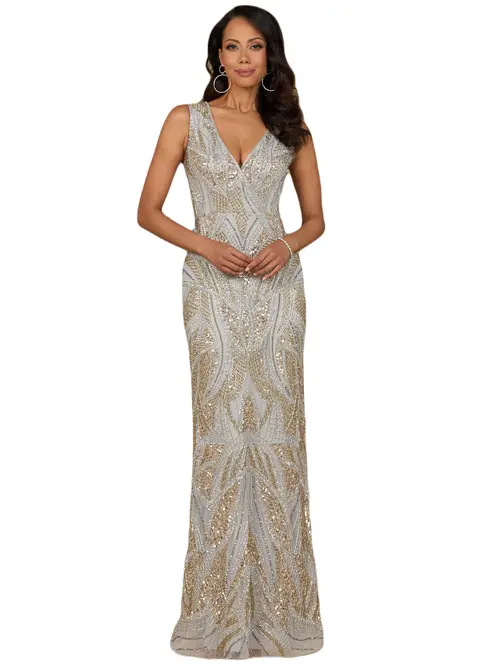 LARA NEW YORK Beaded V-neck Gown - Silver/gold