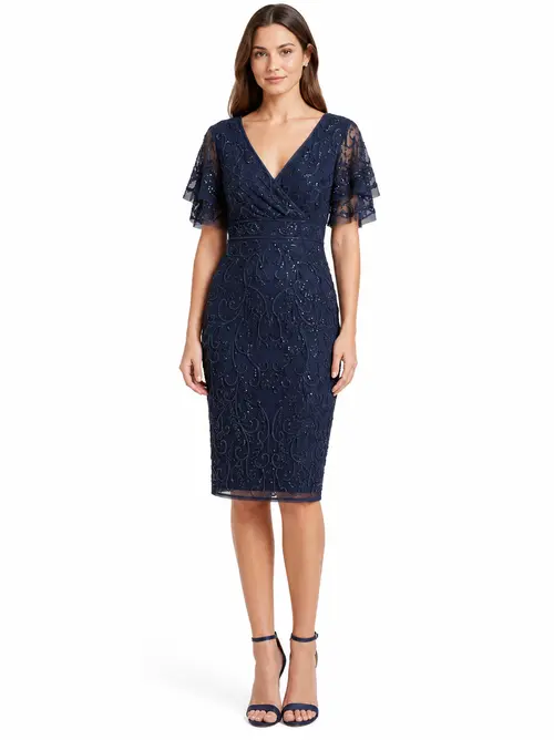 LARA NEW YORK Beaded Midi Dress With Cape Sleeves - Navy