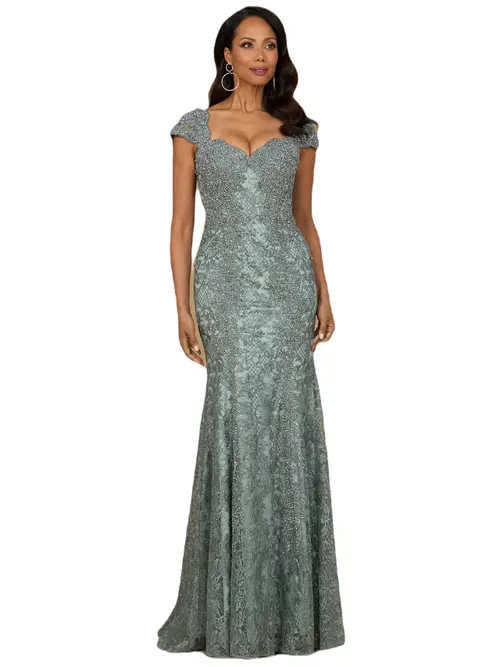 LARA NEW YORK Fitted Lace Mermaid Gown With Cap Sleeves And Sweetheart Neckline - Sage