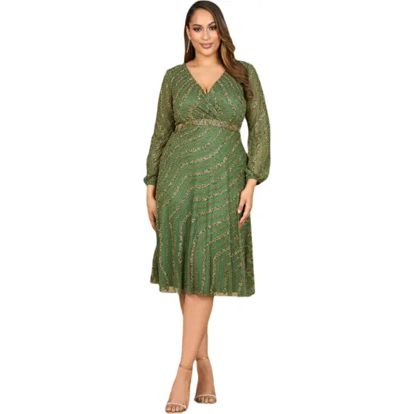 LARA NEW YORK Beaded Midi Dress With Long Sleeves - Olive