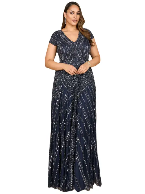 LARA NEW YORK Cap Sleeve Beaded A-line Gown - Navy