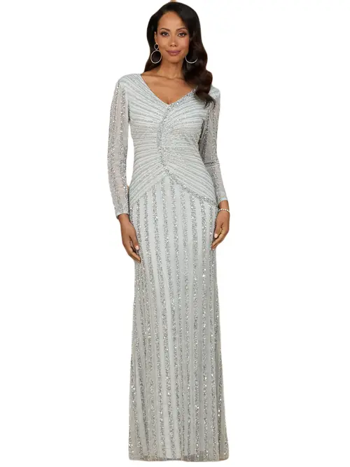 LARA NEW YORK Long Sleeve Beaded Gown - Silver
