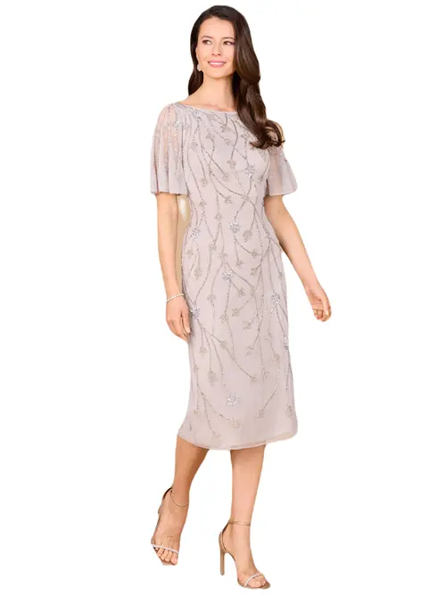 LARA NEW YORK Beaded Cape Sleeve Midi Dress - Silver