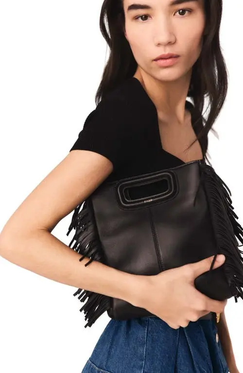 Maje Smooth Leather M Bag With Fringing - Black