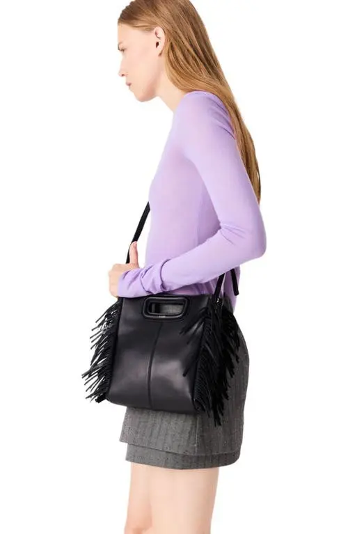 Maje Smooth Leather M Bag With Fringing - Black