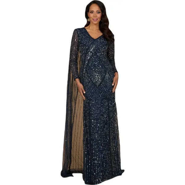 LARA NEW YORK Long Sleeve Beaded Gown With Cape - Navy