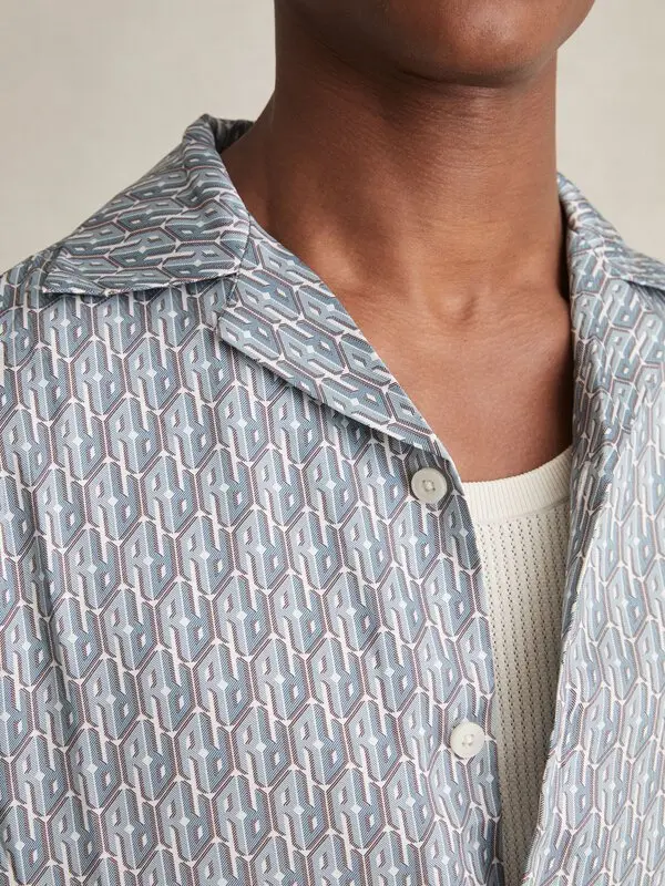 REISS Relic Monogram-print Cuban-collar Shirt