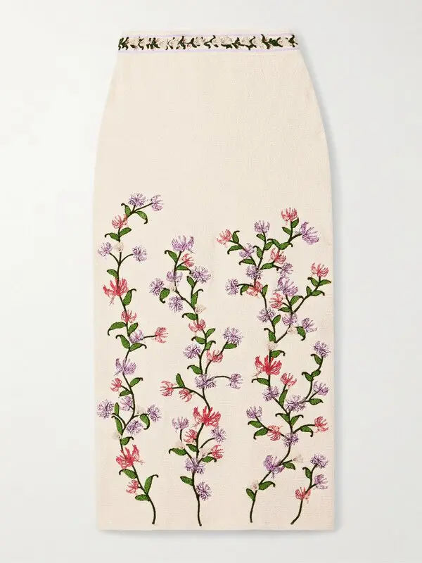 Agua Bendita Chlorella Honeysuckle Appliquéd Embroidered Bouclé Midi Skirt - Neutrals