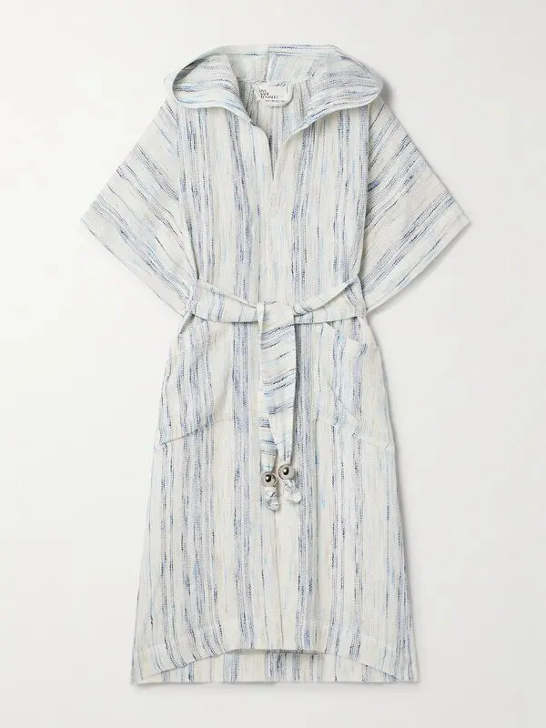 Lisa Marie Fernandez Embellished Belted Striped Linen-blend Gauze Hooded Coverup - White