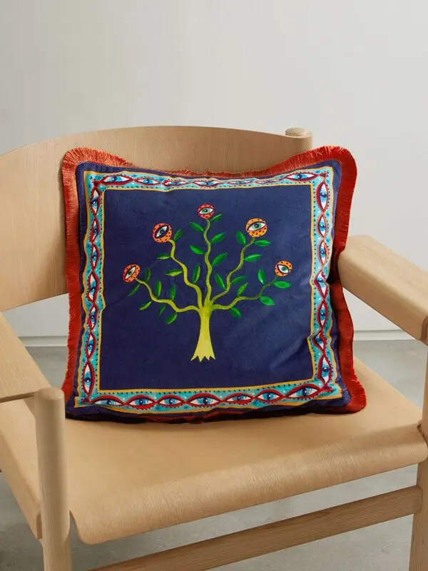 La DoubleJ Fringed Printed Cotton-blend Velvet Cushion
