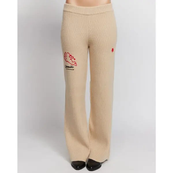 SAMII RYAN Knit Cupid Embroidered Wide Leg Pants - Beige