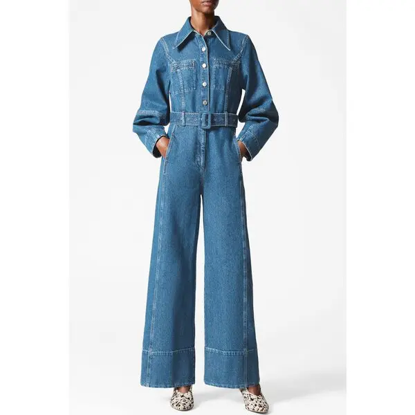 & Other Stories Long Sleeve Belted Wide Leg Denim Jumpsuit - Blue Medium Dusty