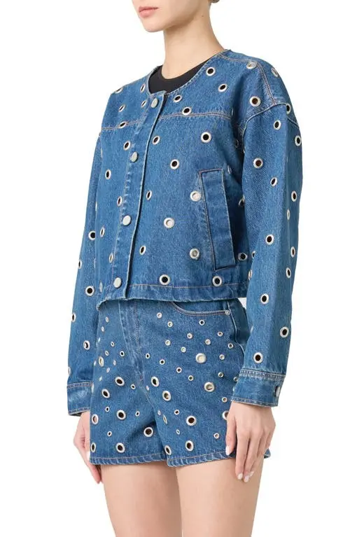 Blanknyc Grommet Collarless Cropped Denim Jacket
