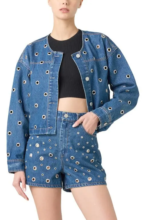 Blanknyc Grommet Collarless Cropped Denim Jacket