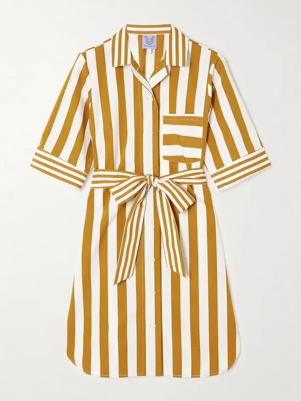 Thierry Colson Zouka Belted Striped Cotton-poplin Mini Dress - Brown