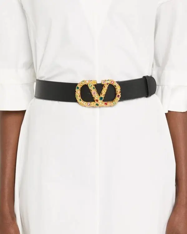 Valentino Garavani Vlogo Signature Embellished Leather Belt - Black