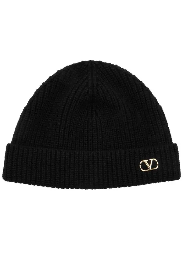 Valentino Garavani V-logo Ribbed Cashmere Beanie - Black