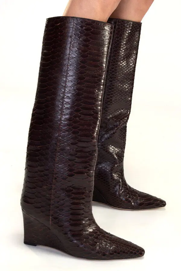 Cynthia Rowley Embossed Leather Wedge Boots - Brown