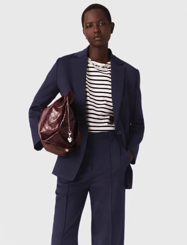 Maje Suit Jacket With Pleated Back - Navy