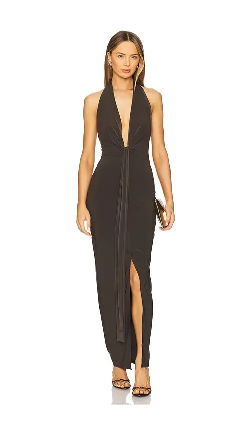 Norma Kamali Tie Front Halter Gown - Espresso