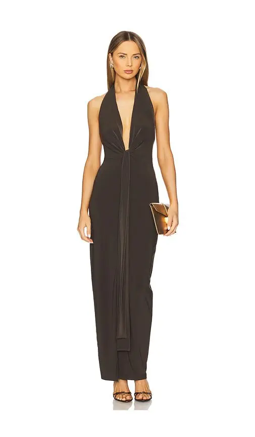 Norma Kamali Tie Front Halter Gown - Espresso