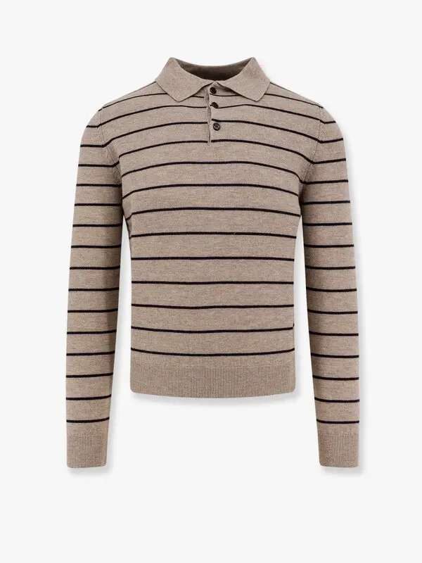 TONYWACK Super Fine Merino Wool Striped Polo Shirt - Beige