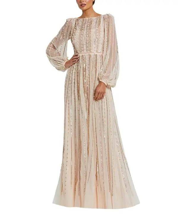 Mac Duggal Boat Neck Long Sleeve Gown With Striped Beading - Peach