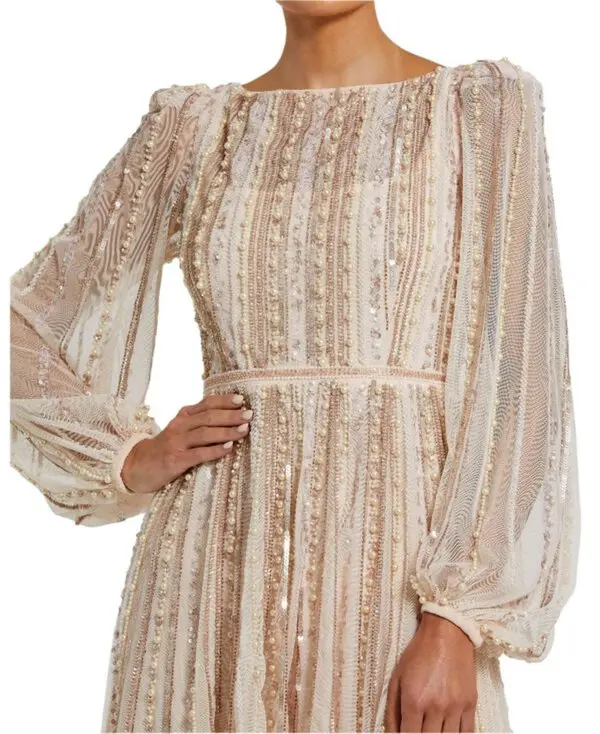 Mac Duggal Boat Neck Long Sleeve Gown With Striped Beading - Peach