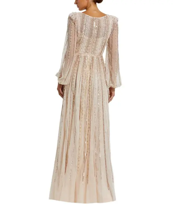 Mac Duggal Boat Neck Long Sleeve Gown With Striped Beading - Peach