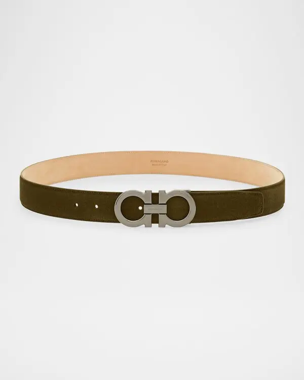 FERRAGAMO Suede Gancini-buckle Belt - New Olive