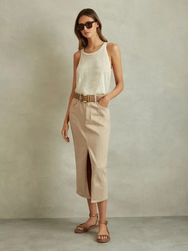 REISS Danica High Rise Denim Midi Skirt