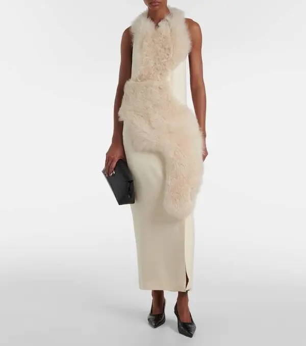 TOTEME Shearling-trimmed Cady Midi Dress