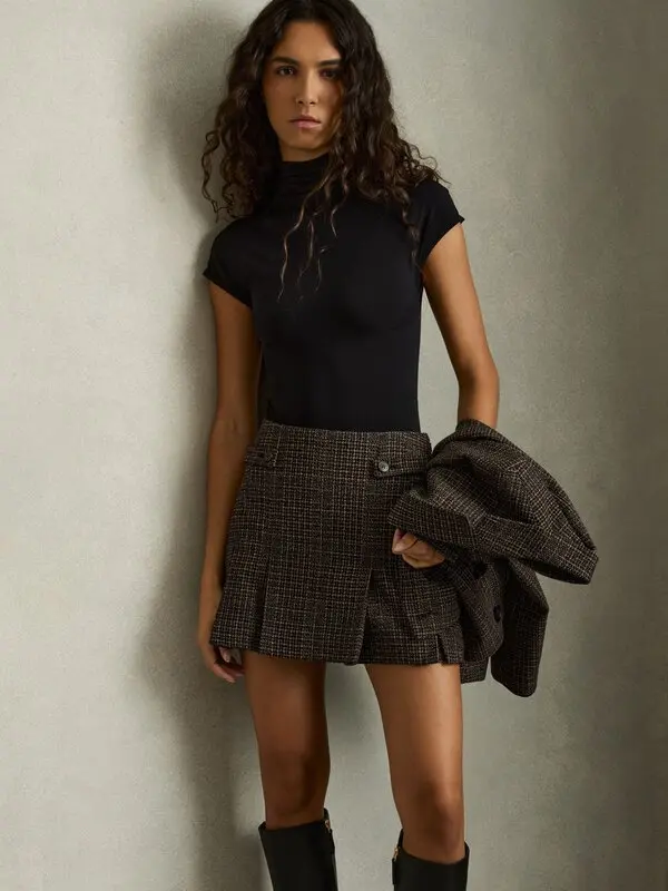 REISS Elle Tweed Pleated Mini Skirt - Brown