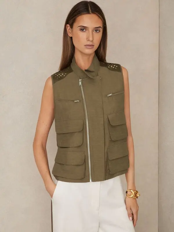 REISS Grace Linen-blend Gilet - Khaki