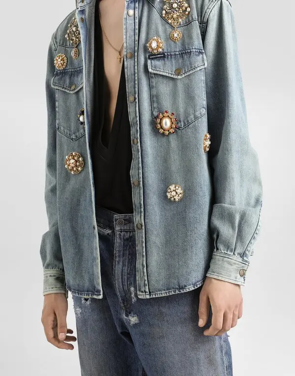 Dolce & Gabbana Denim Shirt With Bejeweled Appliqués