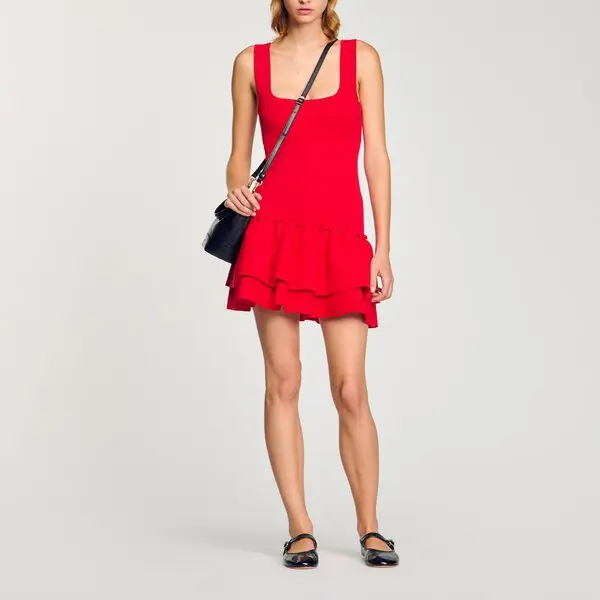 Sandro Mini Knit Dress With Ruffles - Red