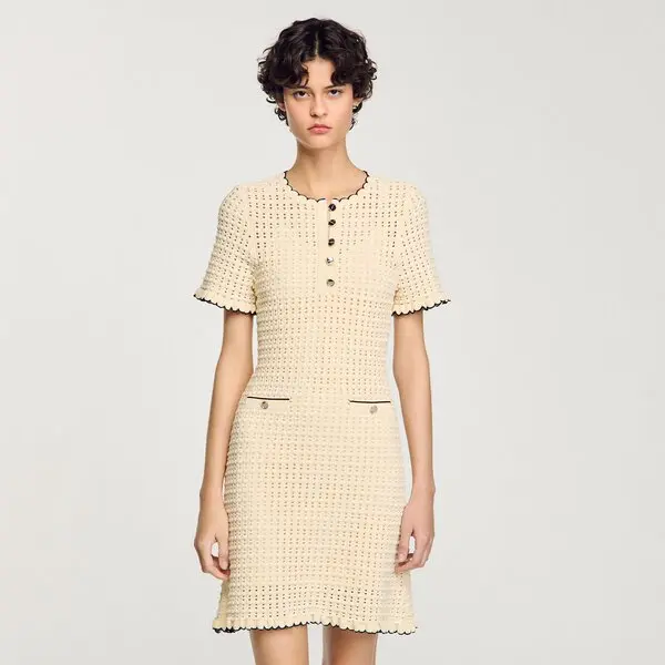 Sandro Mini Openwork Knit Dress In Vanilla - 40% Off | Editorialist