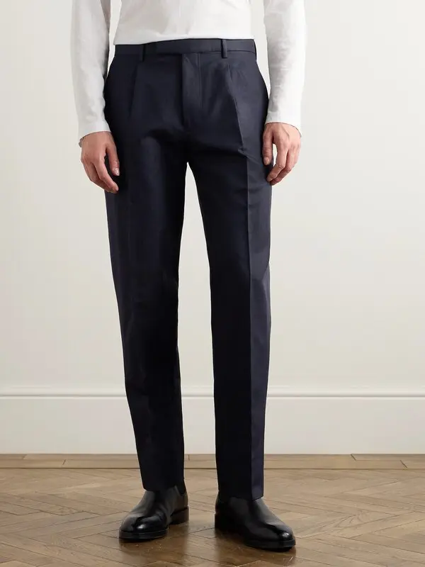 Zegna Tapered Pleated Cotton And Linen-blend Twill Trousers