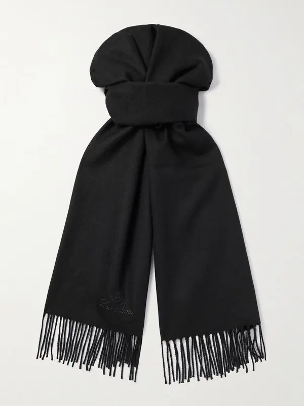 Loro Piana Logo-embroidered Fringed Herringbone Cashmere Scarf - Black