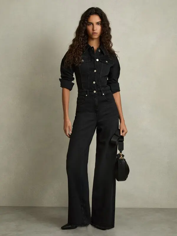 REISS Celeste Cotton-blend Denim Jumpsuit - Black