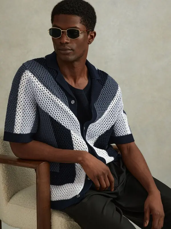 REISS Panko Cotton Blend Crochet Cuban Collar Shirt - Navy Multi