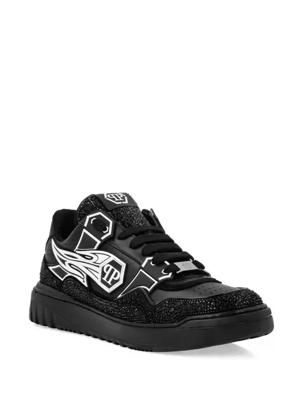 Philipp Plein Leather Low-top Sneakers With Rhinestone Embellishments - Black