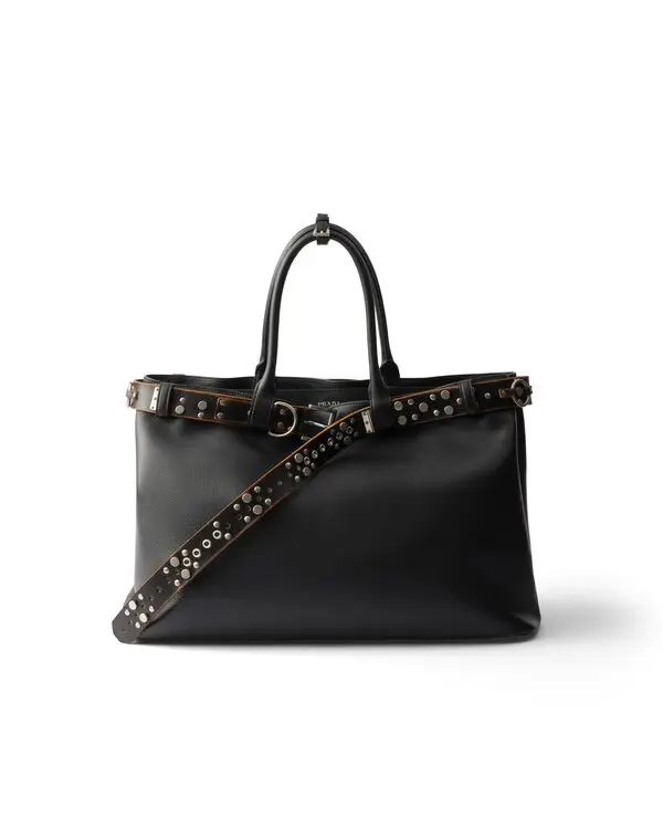 Prada Studded Belt Leather Bag - Black