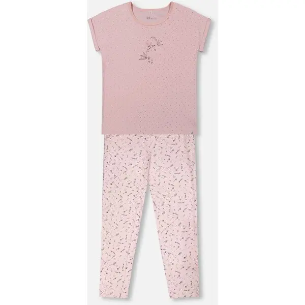 DEUX PAR DEUX Printed Organic Cotton Two-piece Pajama Set Background - Pink Flowers On Pale Pink