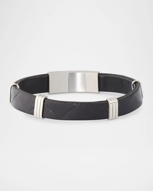 LINK UP Embossed Chevron Leather And Stainless Steel Bracelet - Black