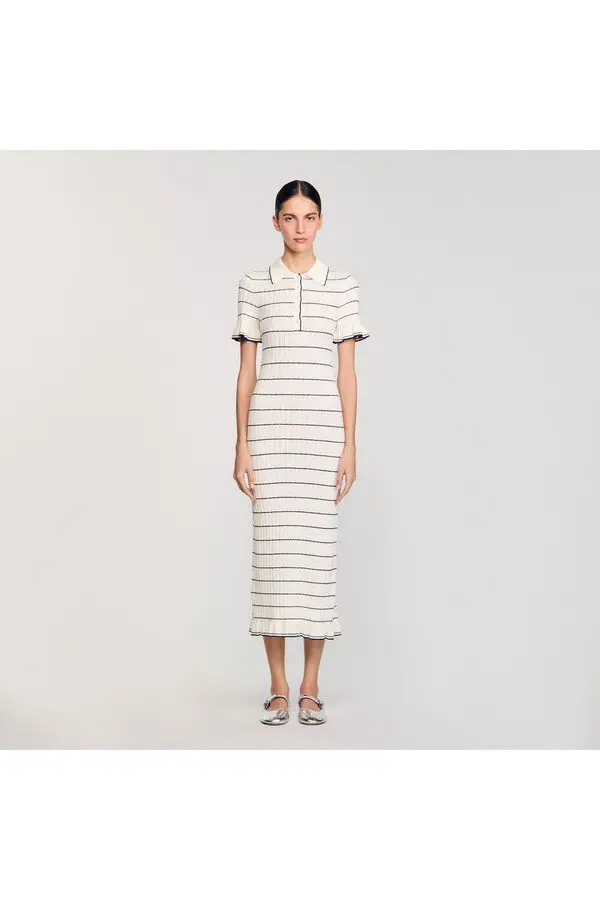 Sandro Knitted Stripe Midi Dress In Neutral / White - 30% Off | Editorialist